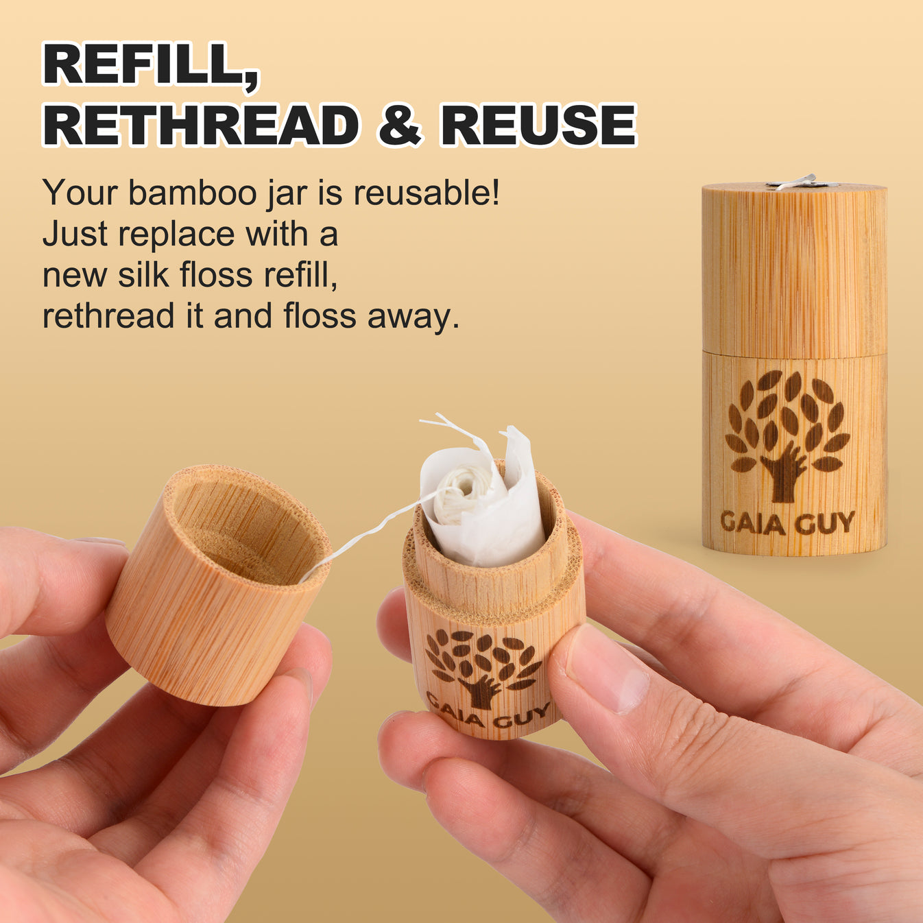 Gaia Guy Natural Unflavored Silk Dental Floss with Floss Refill & Reus